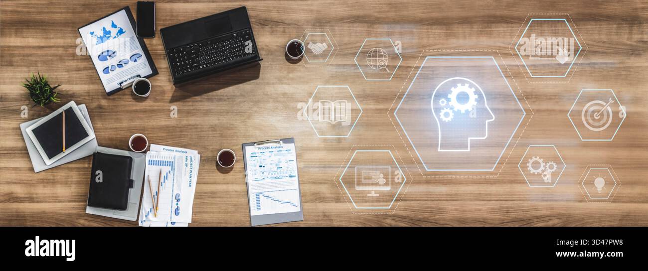 Head with gear and icons representing learning, digital training, and ...