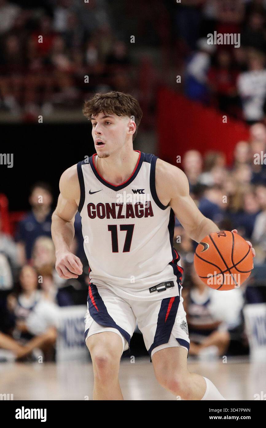 Gonzaga guard Mario Saint-Supery (17) controls the ball during the ...