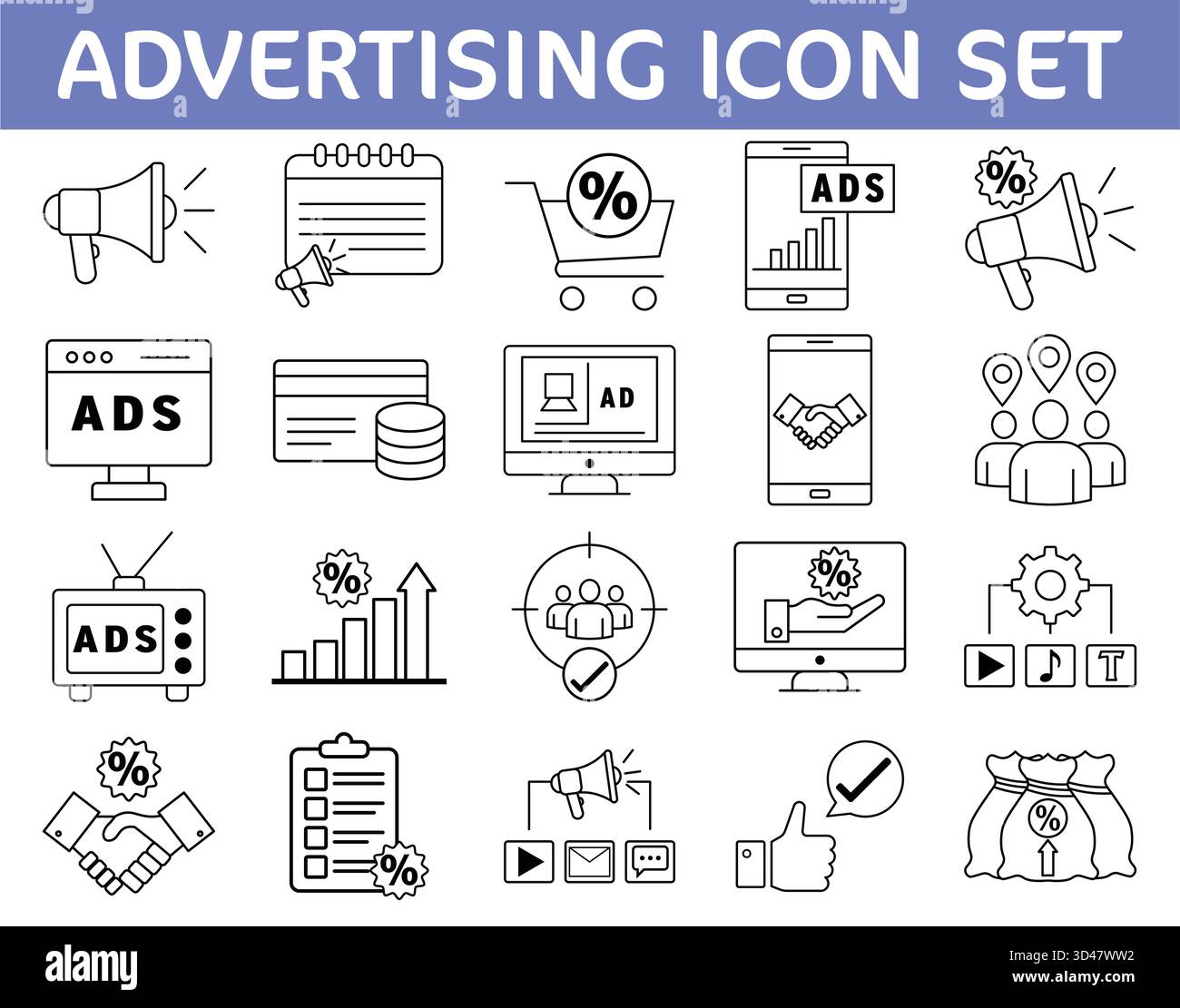 A modern line art vector icon set for advertising and digital marketing ...