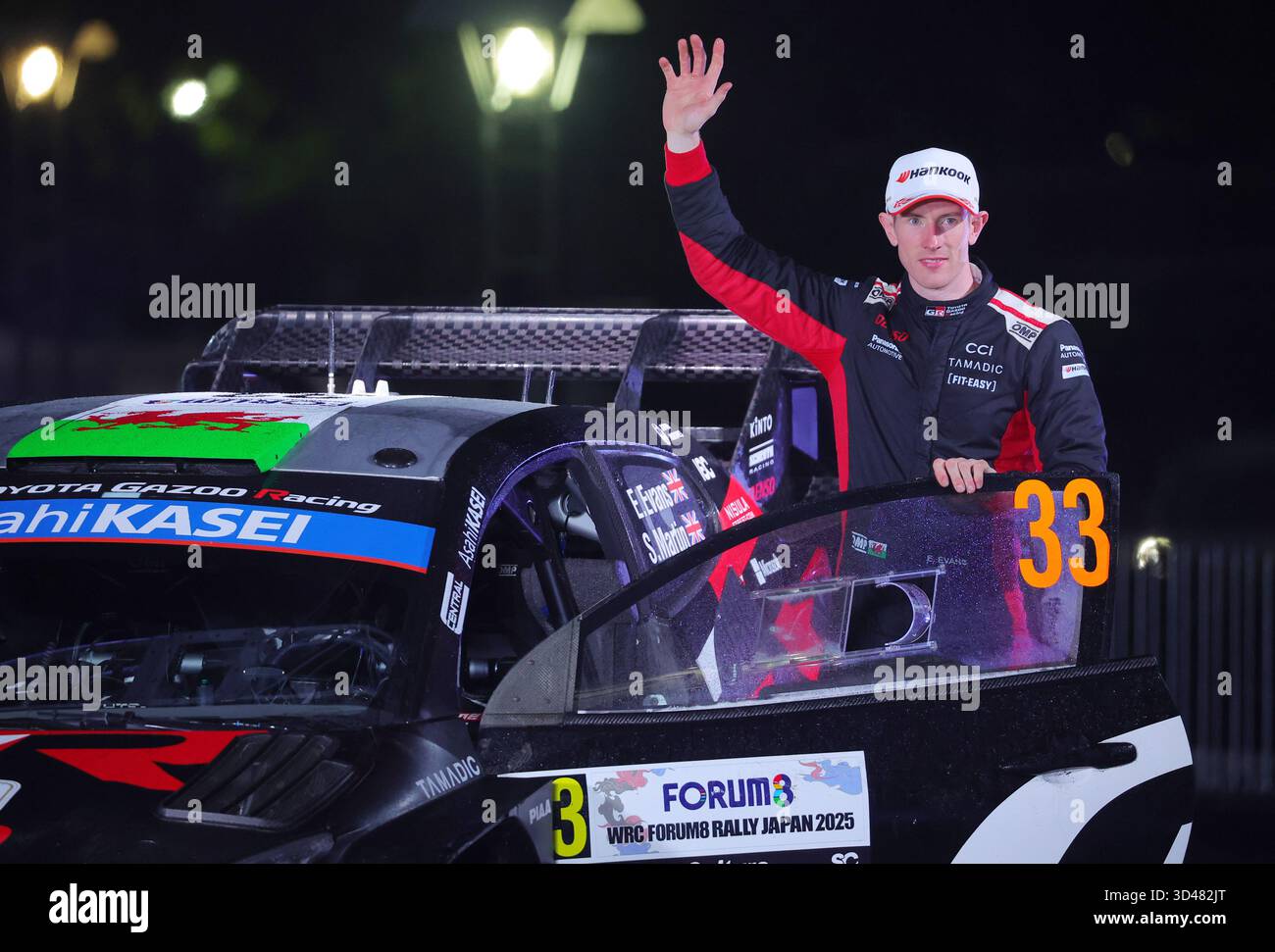 Toyota's Elfyn Evans appears in the Ceremonial Finish in Toyota City ...