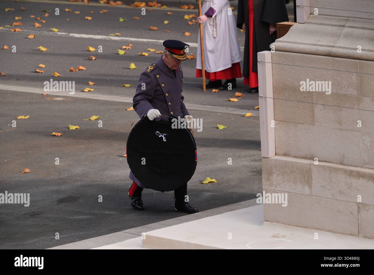 King Charles III lays a wreath during the Remembrance Sunday service at ...