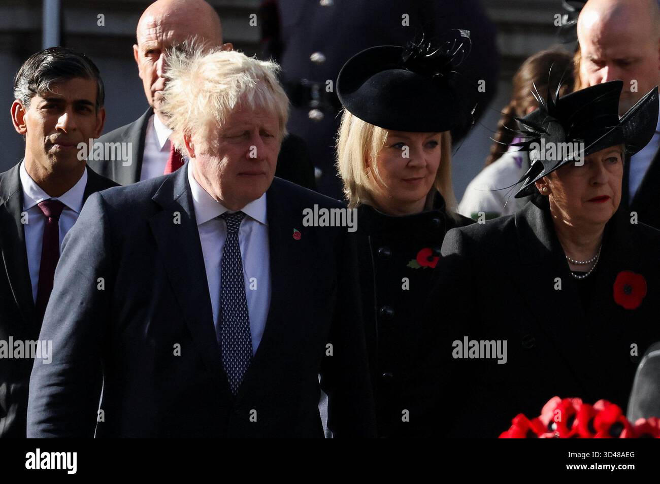 From left: Britain's former prime ministers Rishi Sunak, Liz Truss, Boris Jonnson and Theresa ...