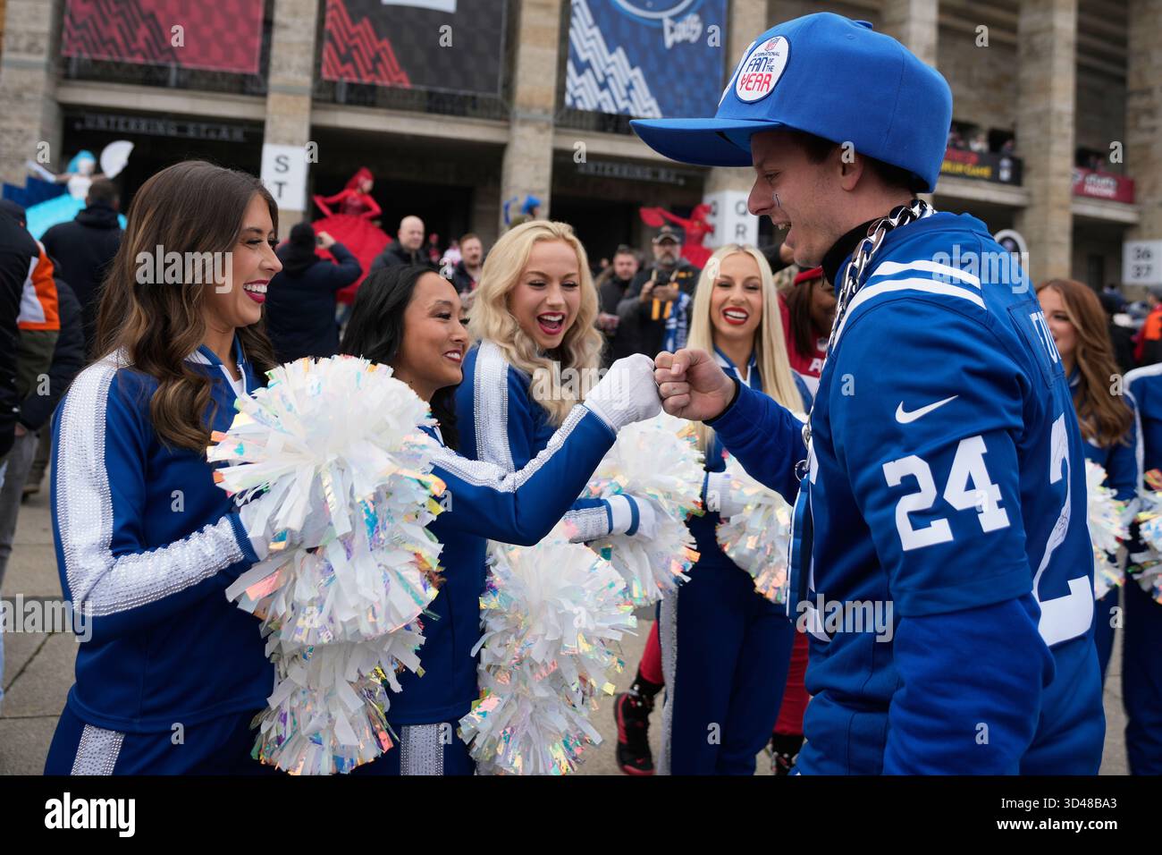 Stefan Schultz, official Colts fan on the year, welcomes cheerleaders ahead of the upcoming NFL ...