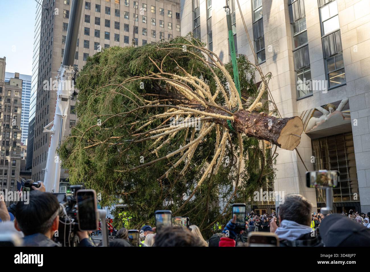 Workers install the Rockefeller Center Christmas Tree after its arrival ...