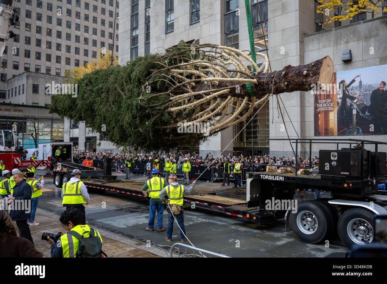 Workers install the Rockefeller Center Christmas Tree after its arrival ...