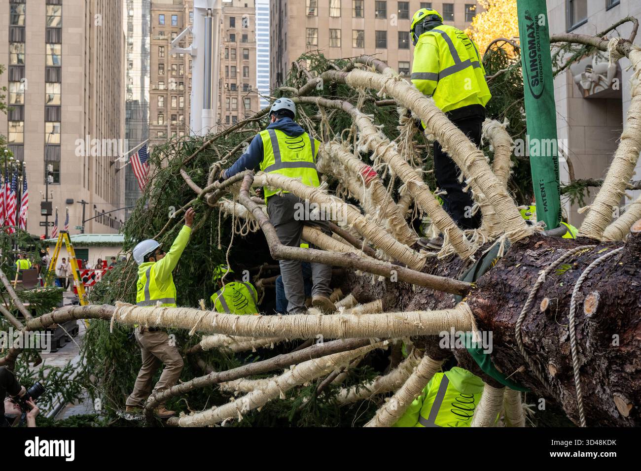 Workers install the Rockefeller Center Christmas Tree after its arrival ...