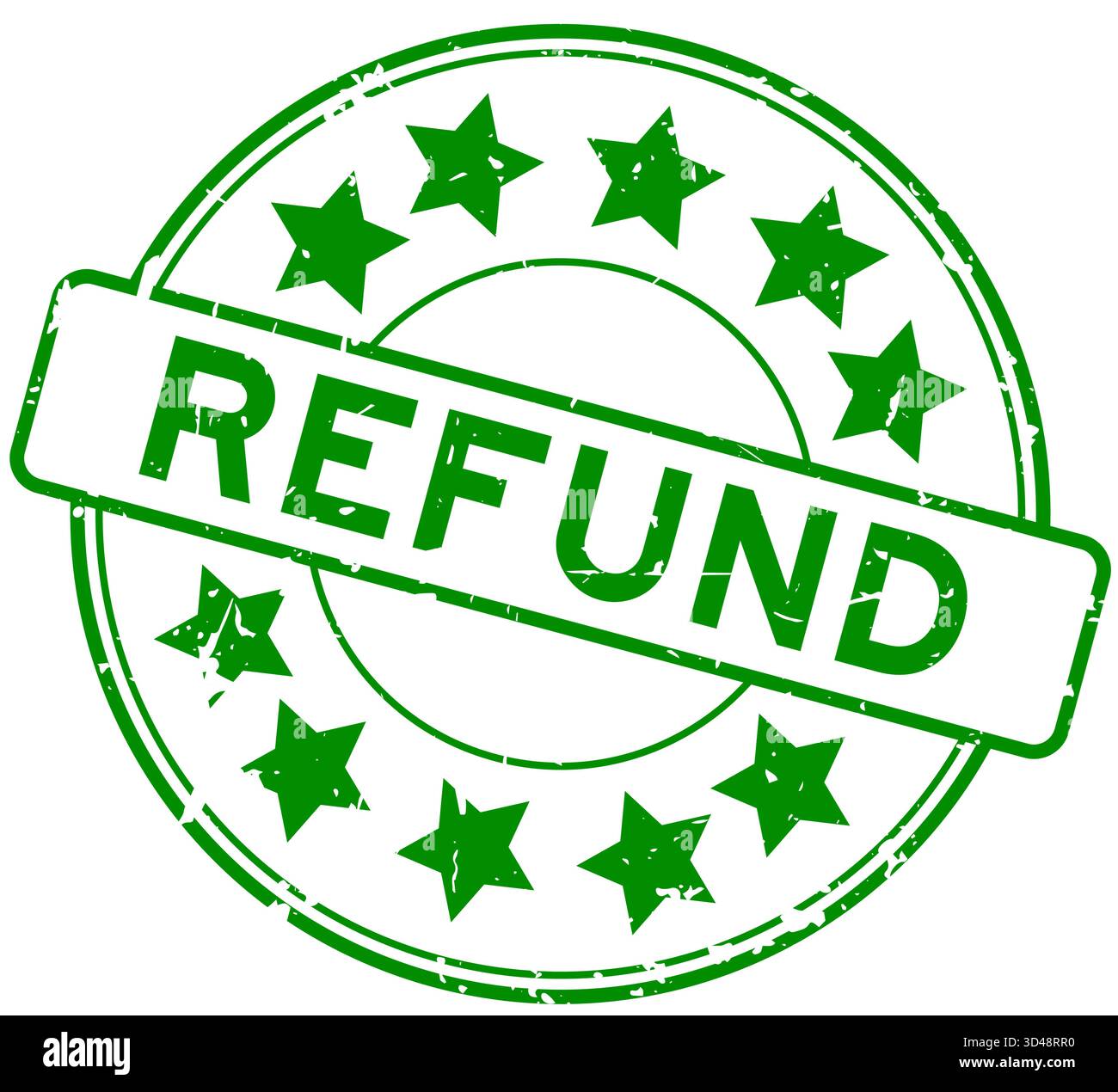 Grunge green refund word with star icon round rubber seal stamp on ...