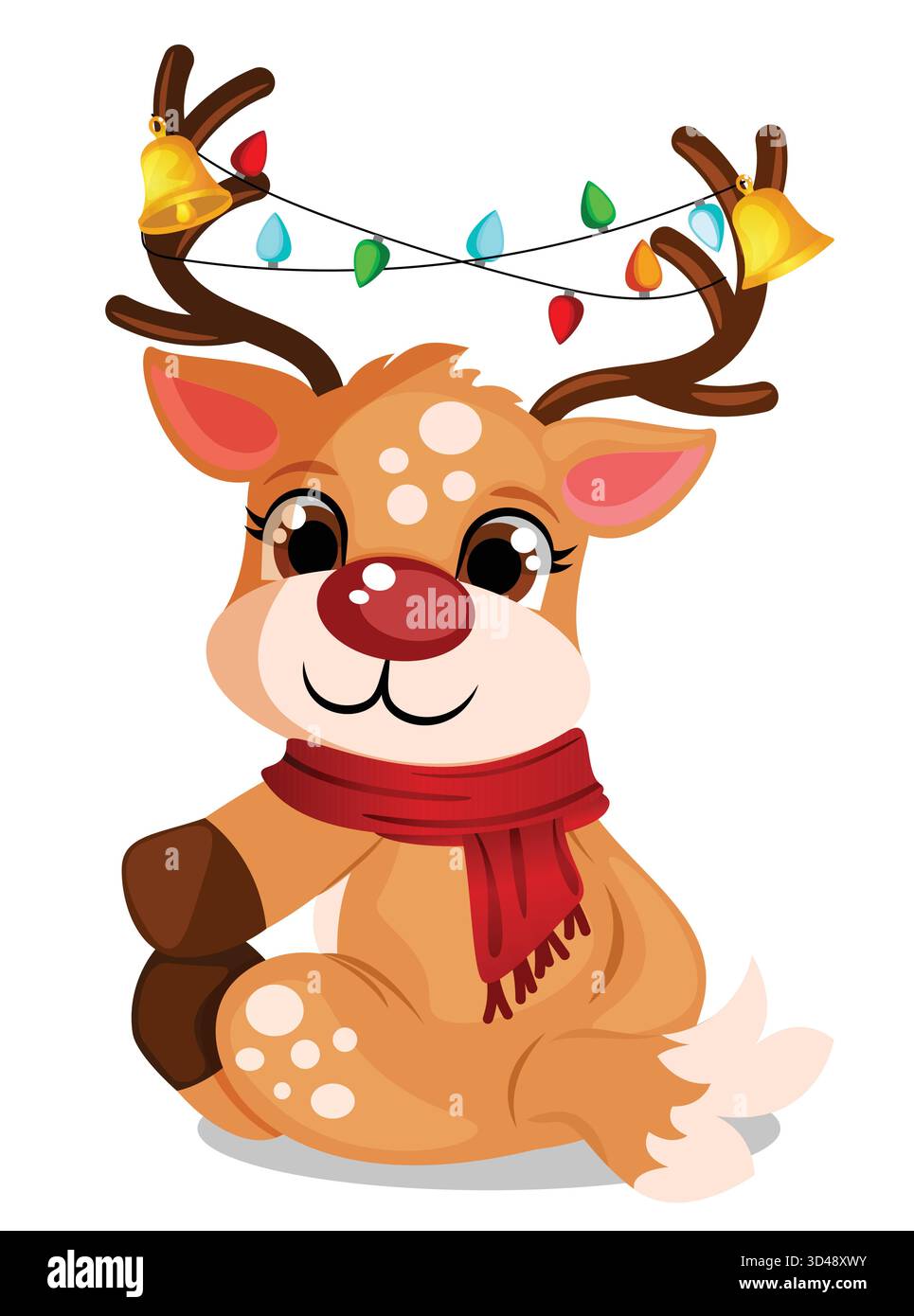 Cartoon Reindeer Sitting & Looking Back with Scarf and Christmas ...