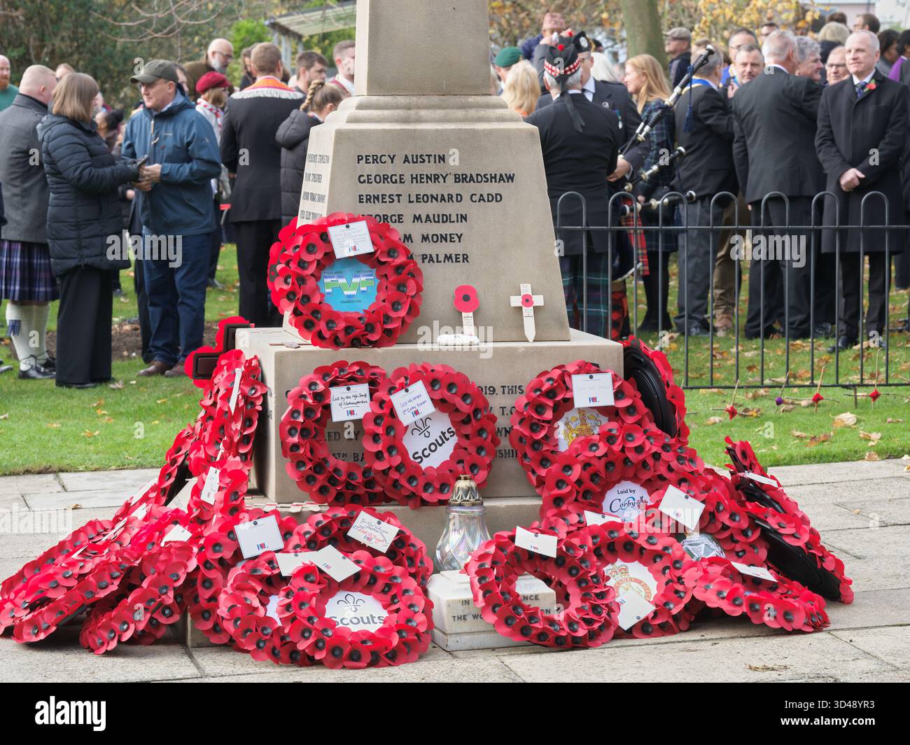 Poppy wreaths laid on Remembrance Sunday, 9th November 2025, at the ...