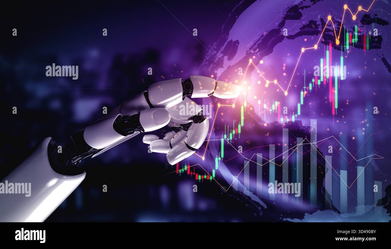 A robotic hand interacts with vibrant digital financial data visuals ...