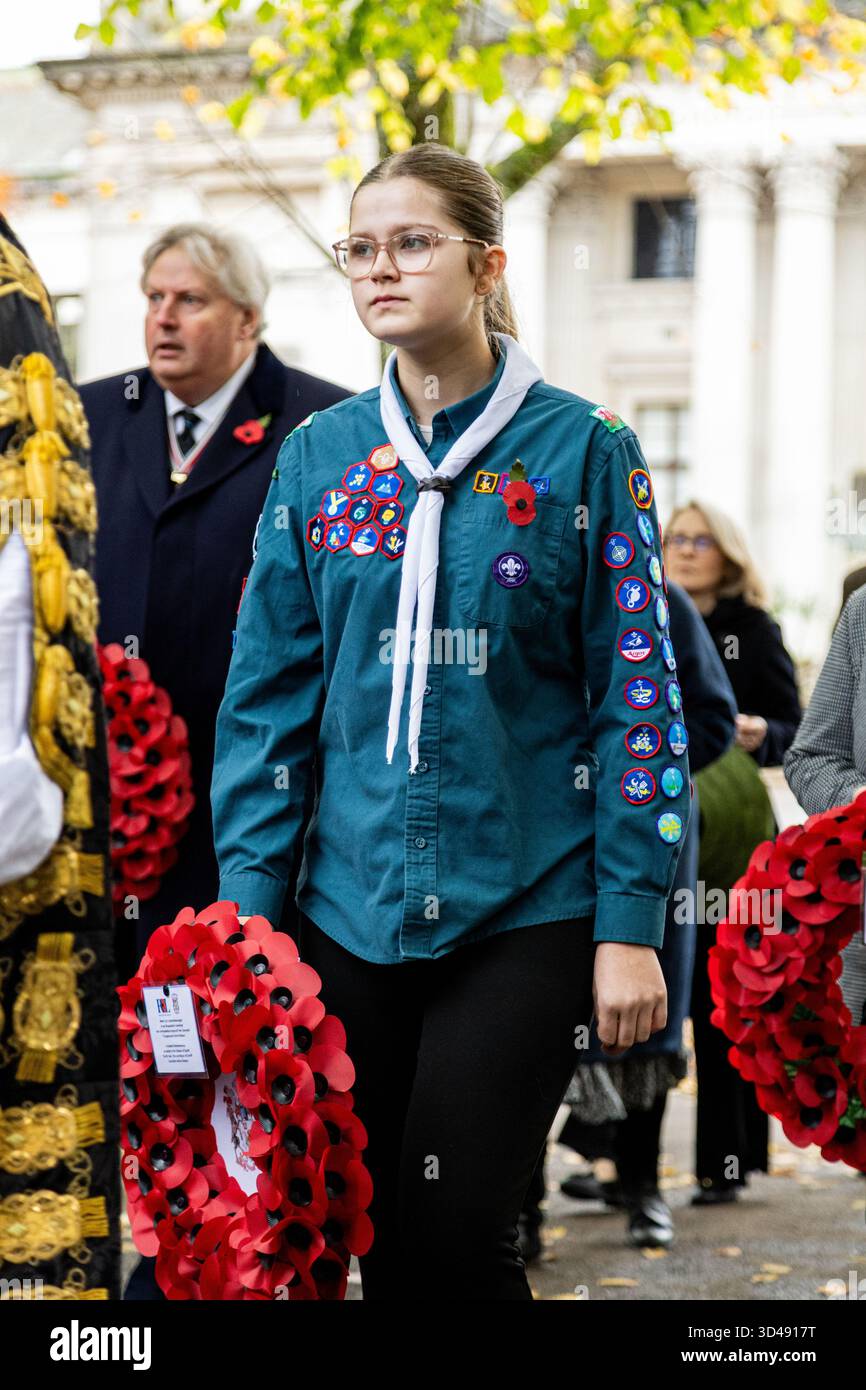 Delegate For Lords Mayors Own Scout Troop holding wreath at National ...