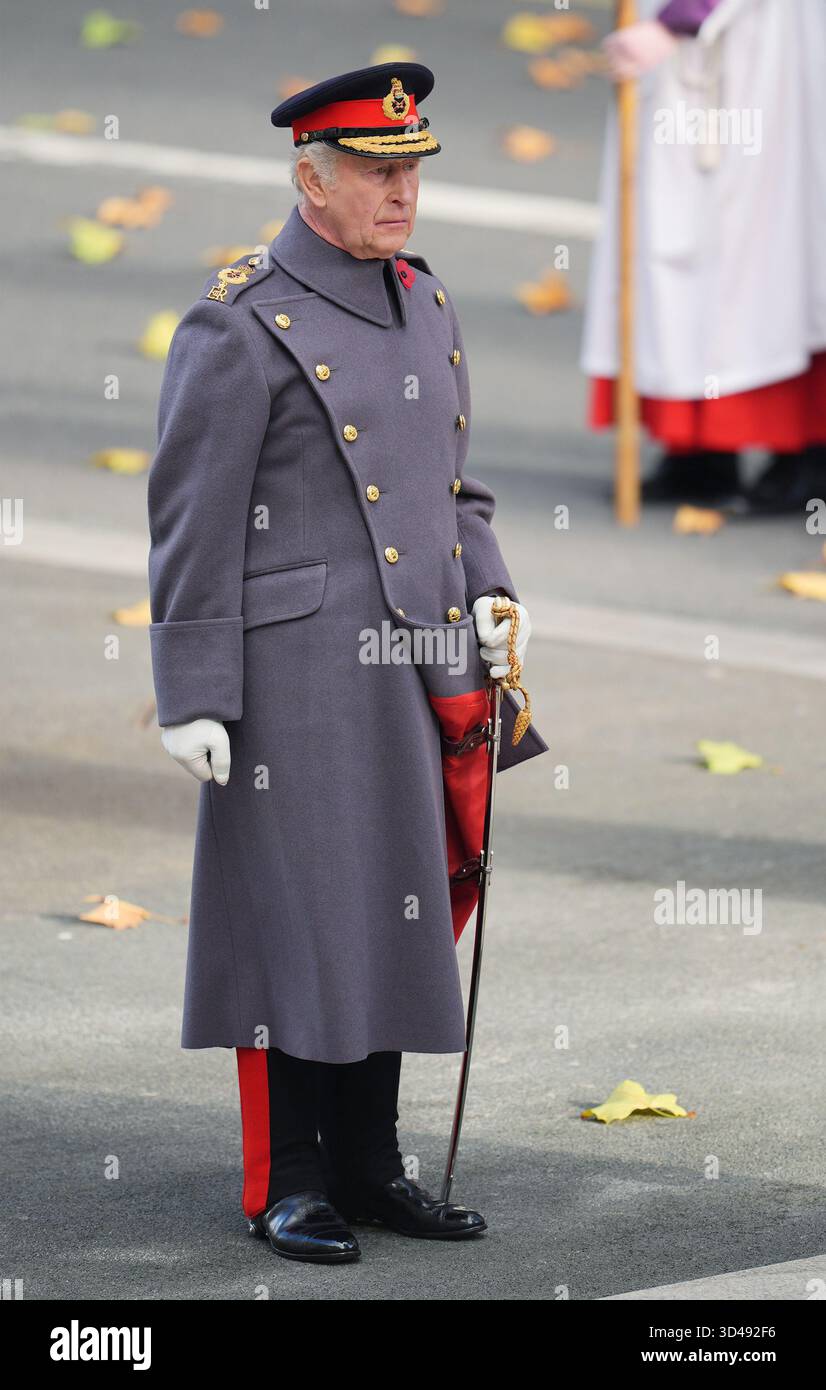 King Charles III stands at the Cenotaph after laying a wreath, at the ...