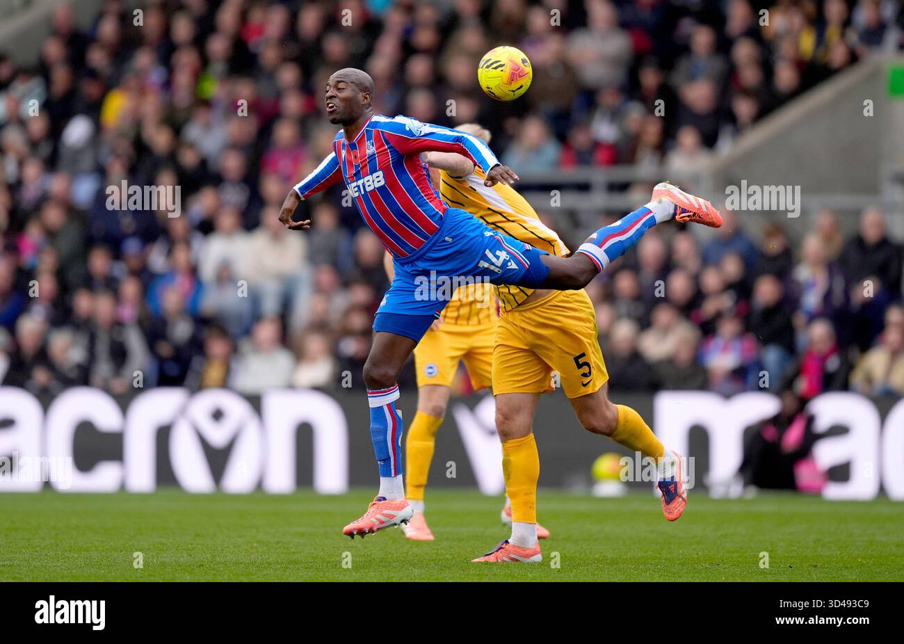 Crystal Palace's Jean-Philippe Mateta heads the ball during the Premier ...
