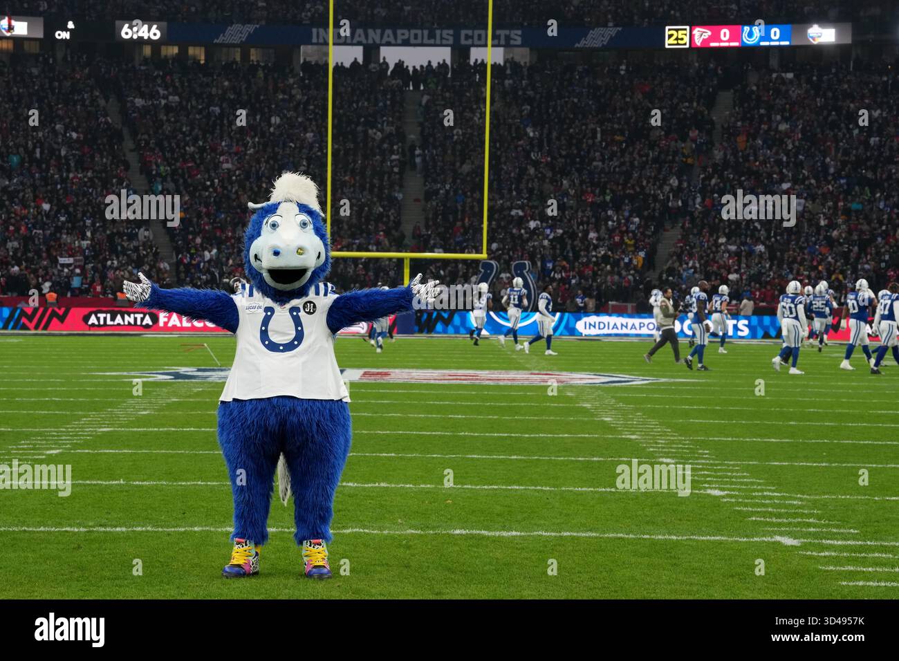 Blue, the mascot of the Indianapolis Colts, performs before an NFL ...