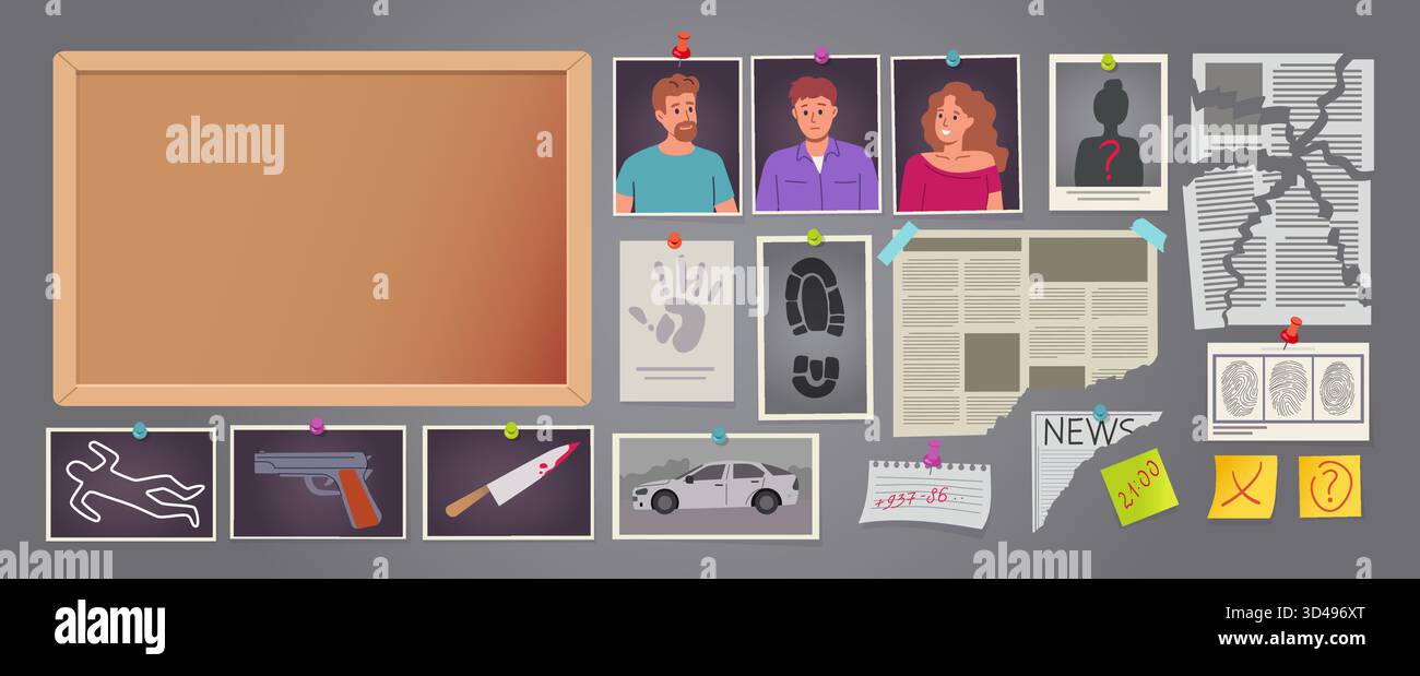 Police board. Crime suspect. Spy office research or clue. Paper and pin on evidence scene ...