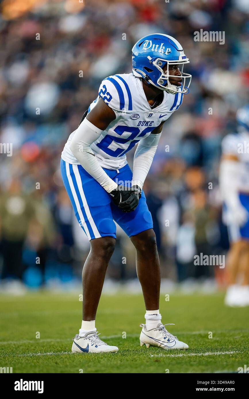 November 8, 2025: Duke Blue Devils cornerback Moussa Kane (22) loses up for defense during an ...