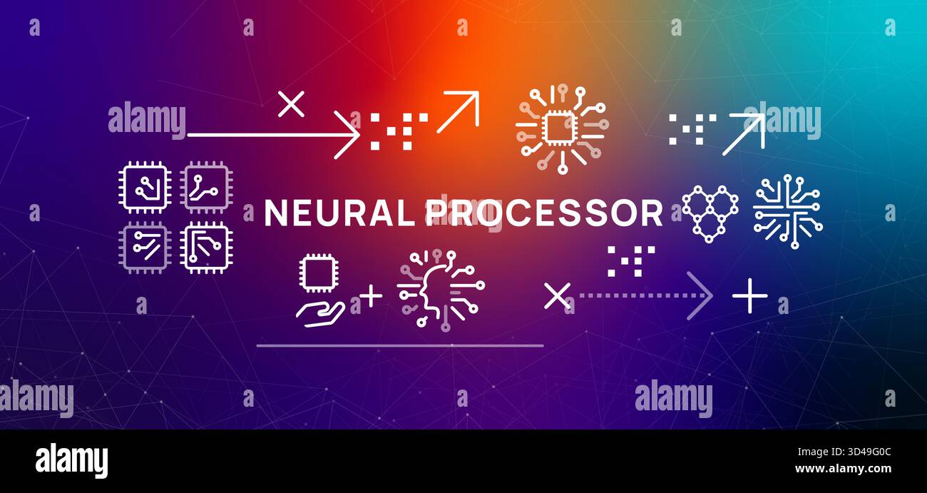 Neural Processor icons show microchips and a brain like circuit ...