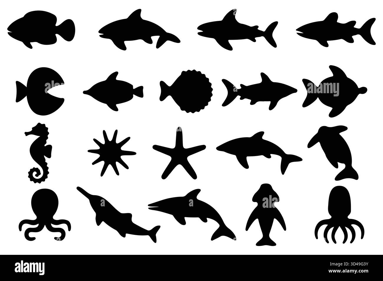 sea life silhouette set, underwater animals collection, fish marine ...
