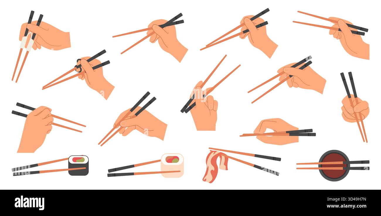 Multiple hand positions using chopsticks for eating sushi, seafood, and ...