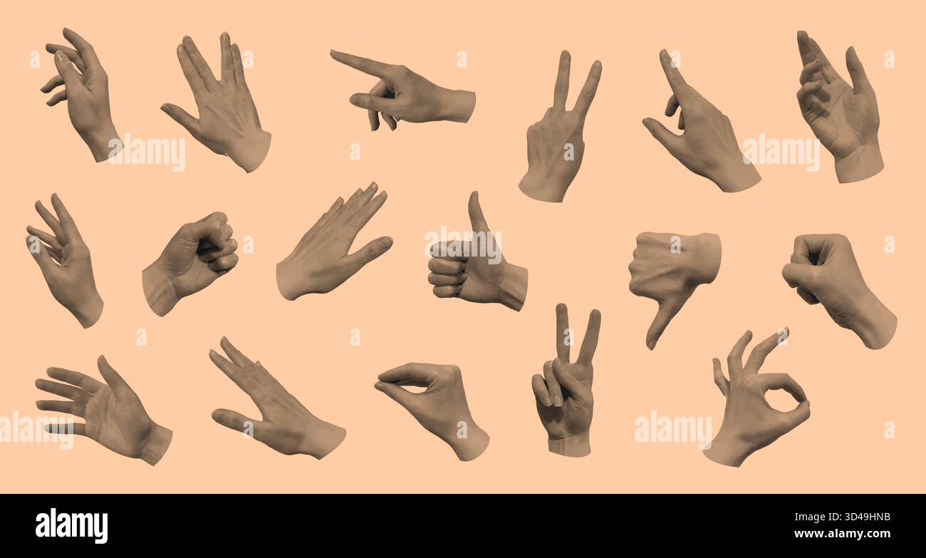 Retro collage of realistic halftone hands showing various gestures ...