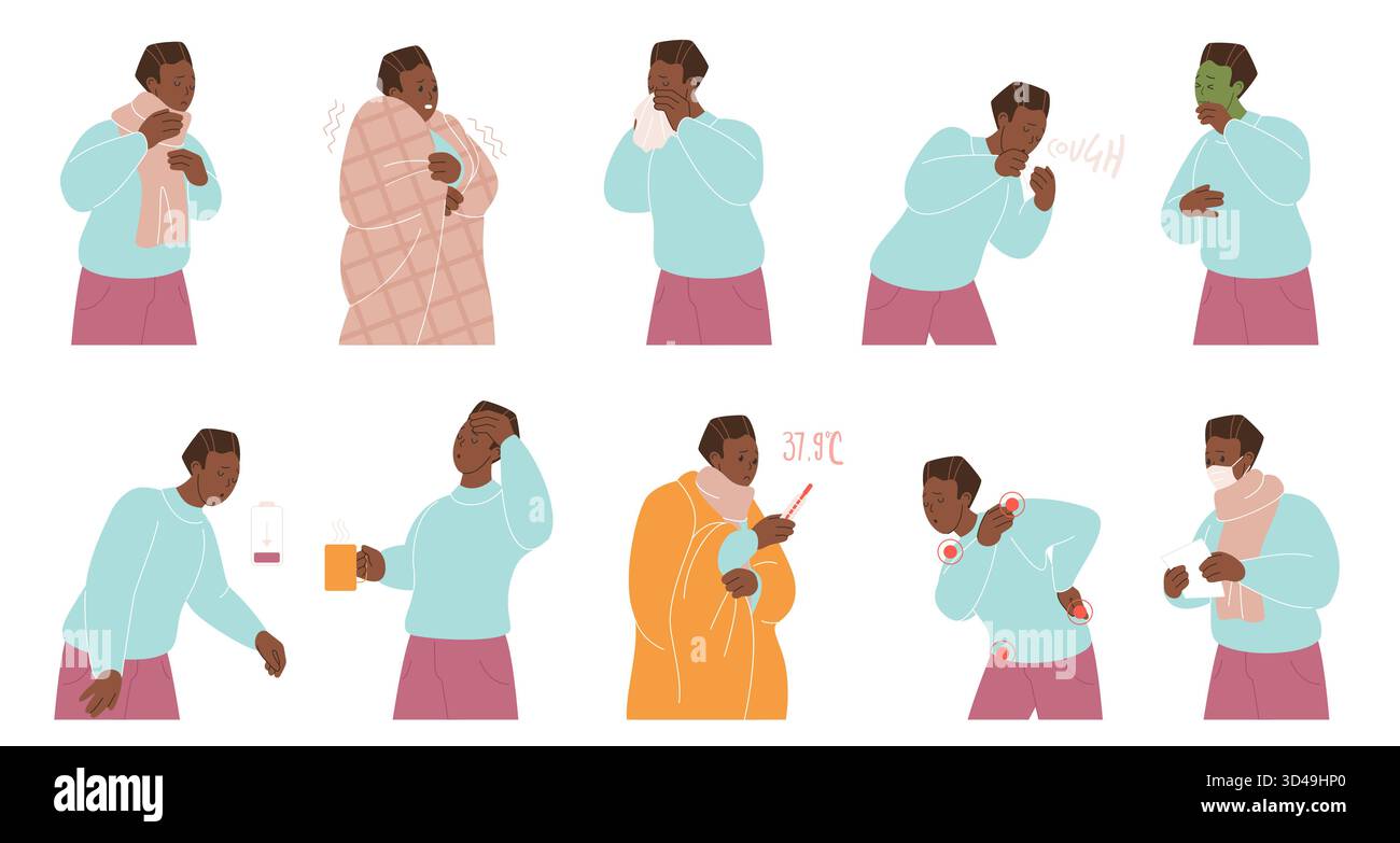 Sick african black man showing cold and flu symptoms like coughing ...