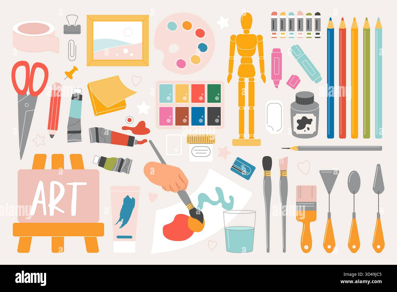 Creative art tools, painting supplies, brushes, pencils, palettes ...
