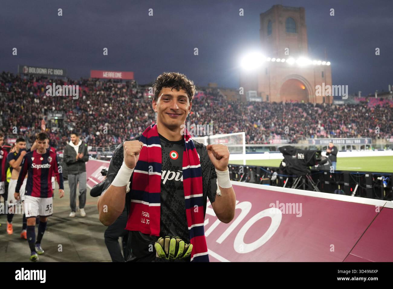 Bologna's goalkeeper Massimo Pessina celebrates the victory at the end ...