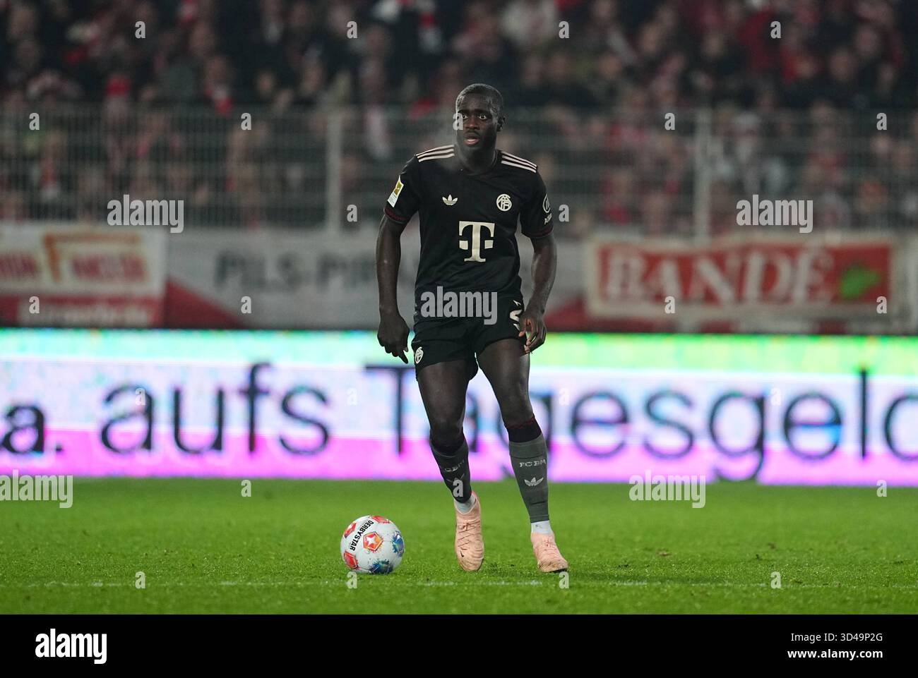 November 08 2025: Dayot Upamecano of Bayern Munich controls the ball ...