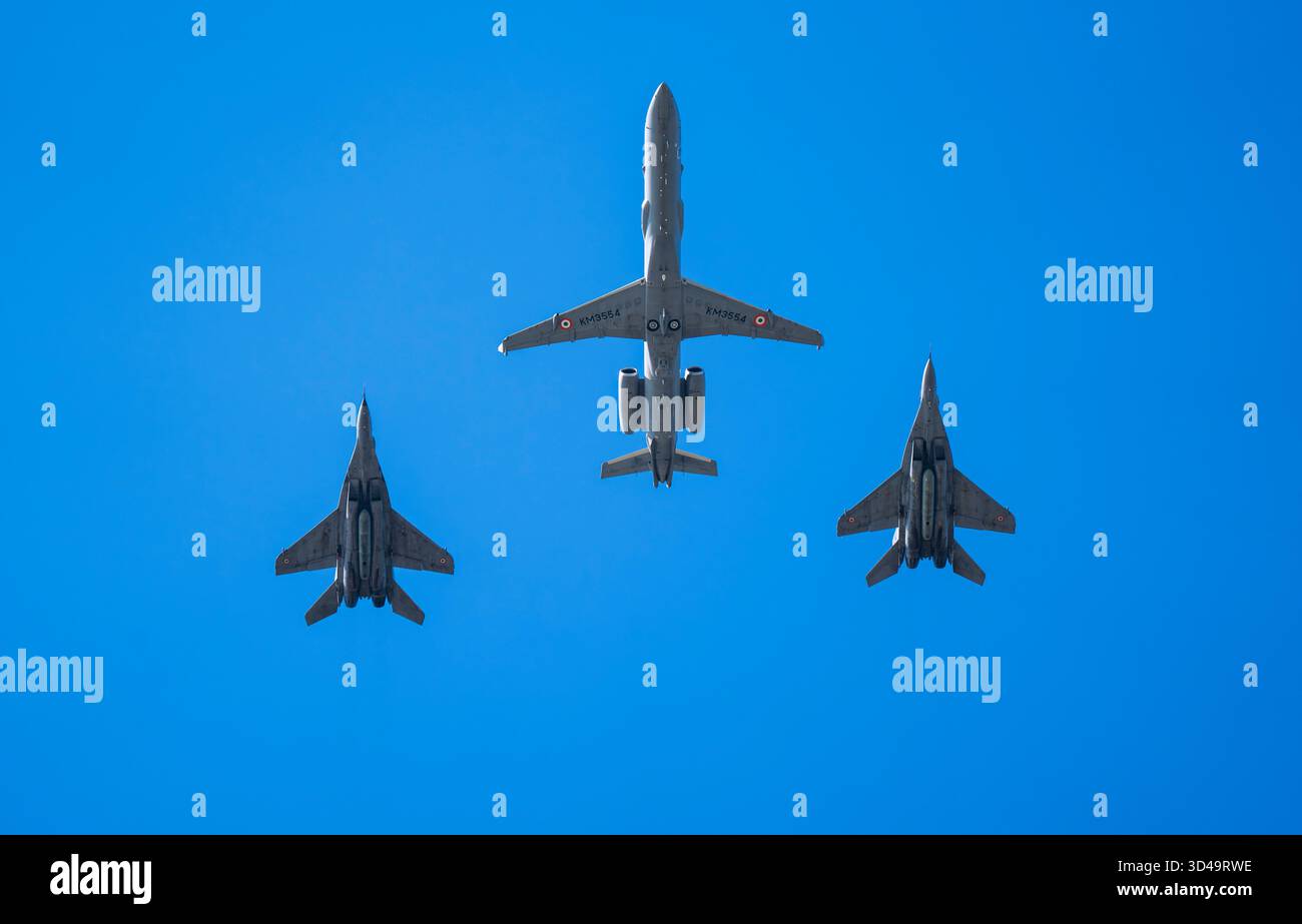 An Indian Air Force Netra AEW&C aircraft flies in formation with two ...