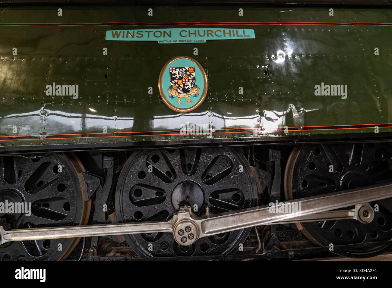 Winston Churchill steam locomotive nameplate and driving wheels detail ...