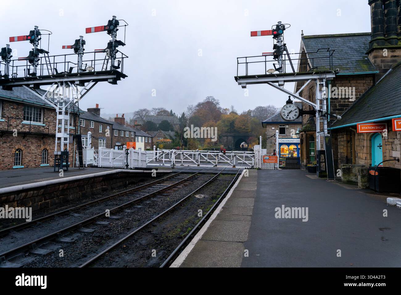 Historic railway station platform with semaphore signals and Victorian ...