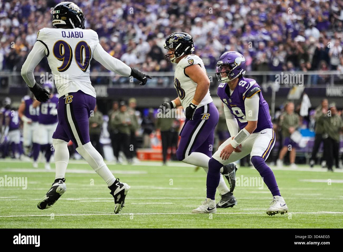 Minnesota Vikings quarterback J.J. McCarthy (9) celebrates a touchdown ...