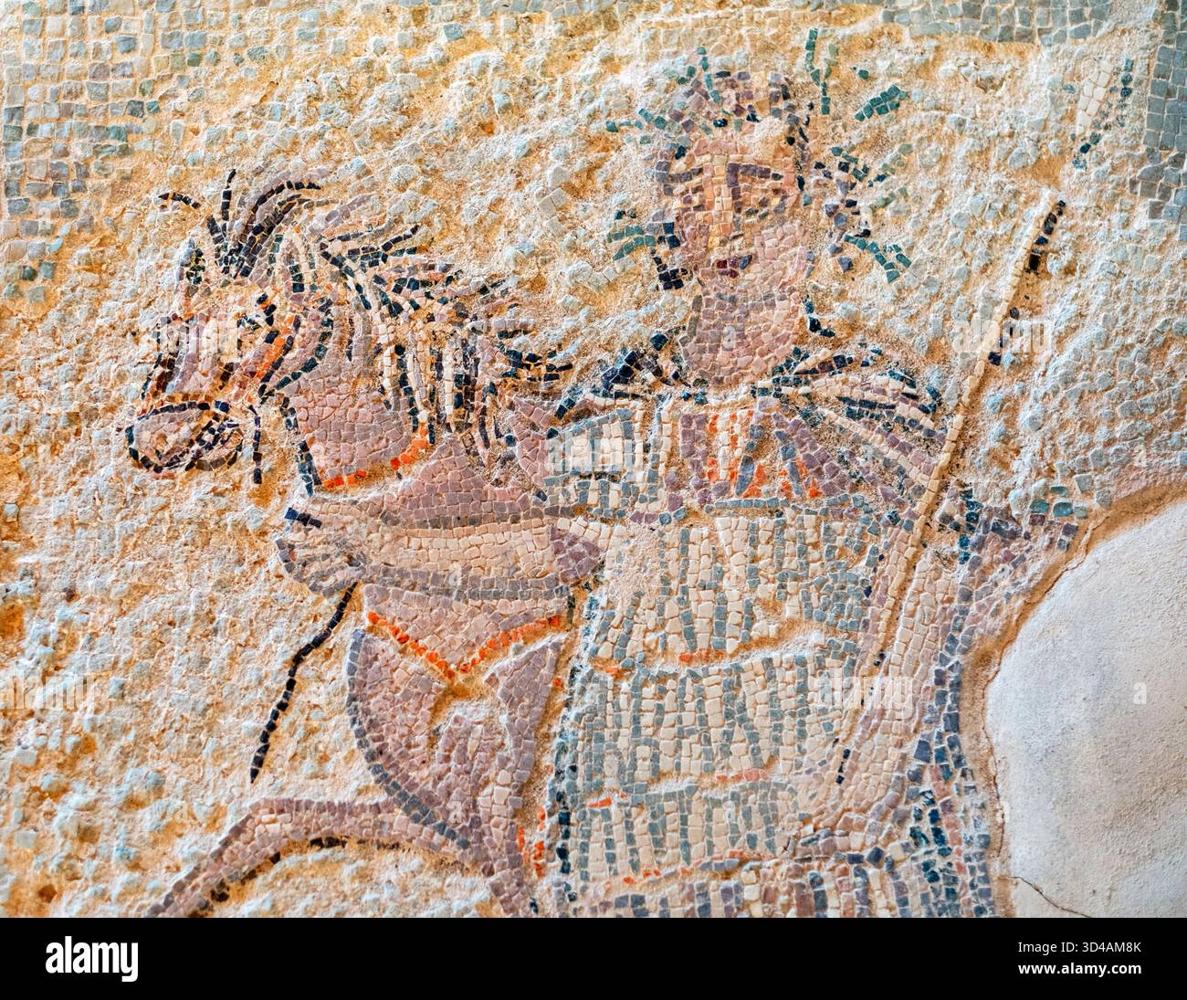 Floor mosaic depicting a soldier or warrior with his horse in the House ...