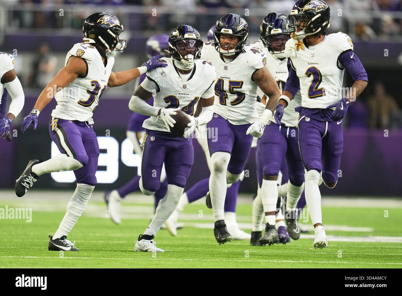 Baltimore Ravens safety Malaki Starks (24) celebrates his interception ...