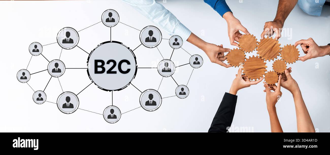 This image illustrates a B2C business strategy with hands assembling ...