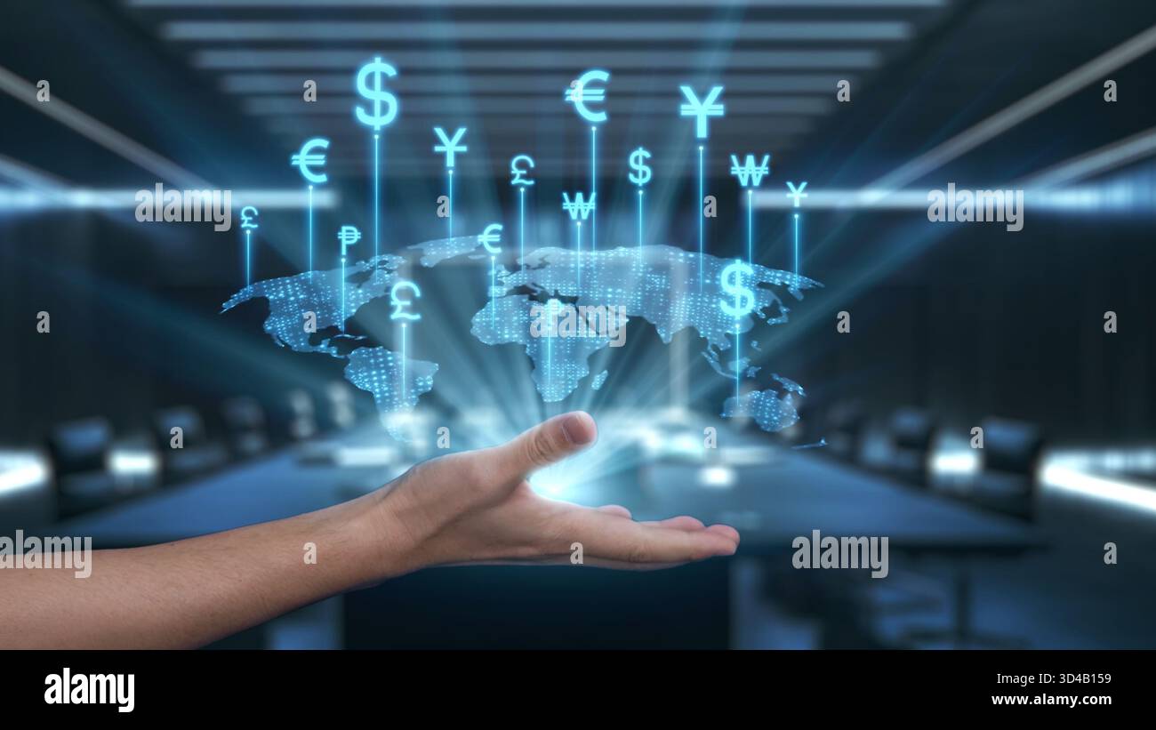 A modern representation of global finance, showcasing a hand holding a ...