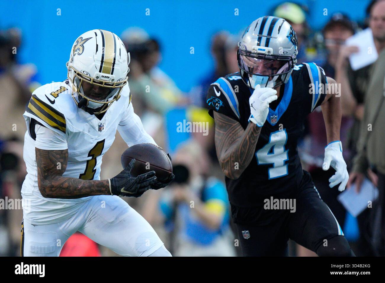 New Orleans Saints cornerback Alontae Taylor intercepts a pass intended ...
