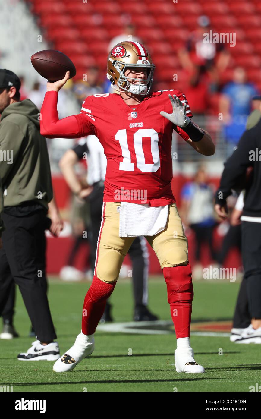 San Francisco 49ers quarterback Mac Jones (10) warms up before an NFL ...