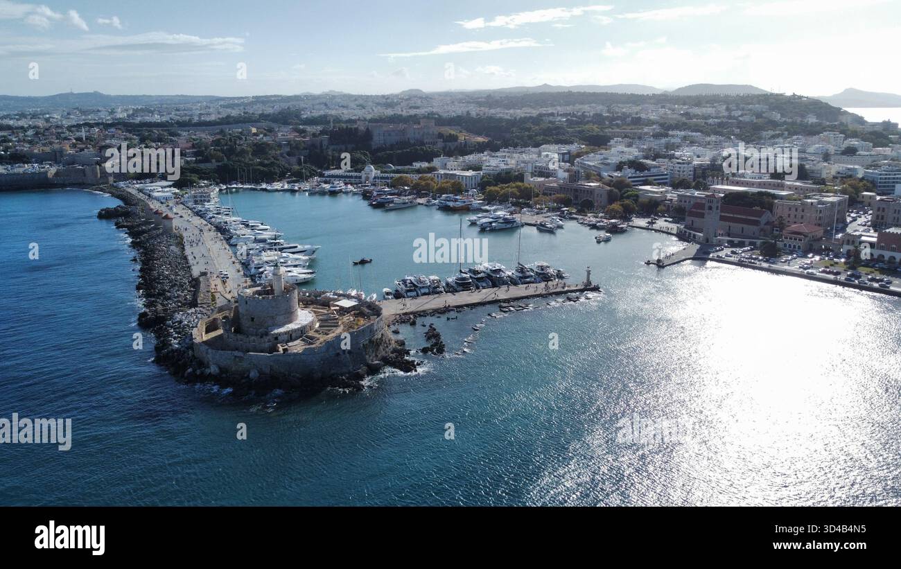 Aerial View of the old town and the giant of Rhodes City Stock Photo ...