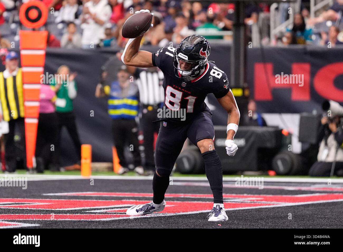 Houston Texans wide receiver Jayden Higgins (81) celebrates after he ...