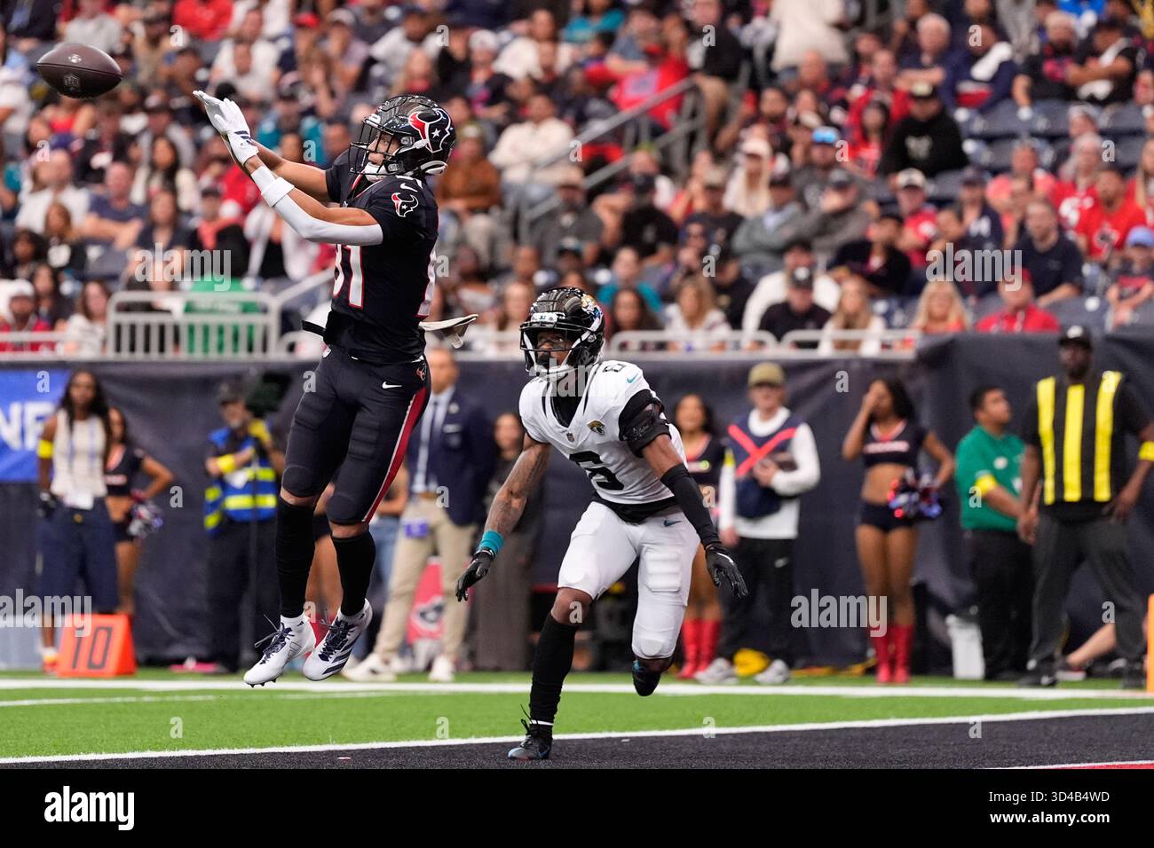 Houston Texans wide receiver Jayden Higgins (81) scores a touchdown ...