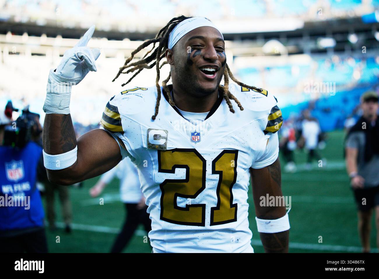 New Orleans Saints safety Justin Reid celebrates their win against the ...