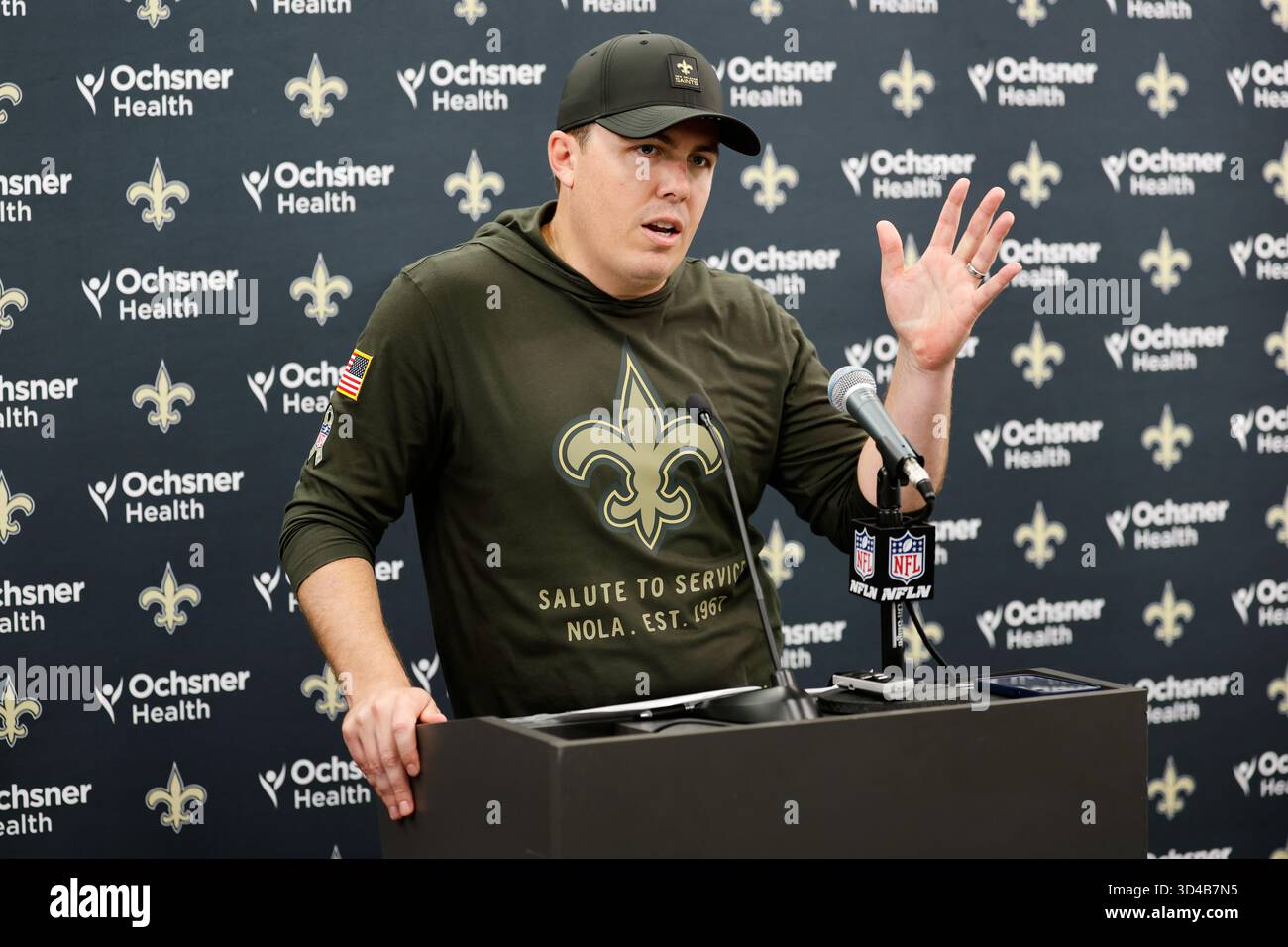 New Orleans Saints head coach Kellen Moore speaks during a news ...