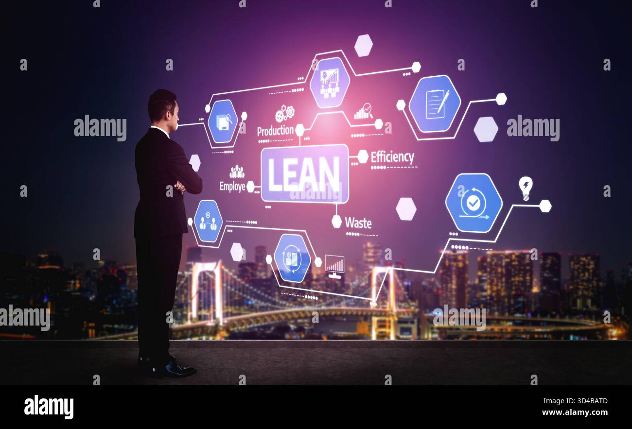 A focused businessman examines lean management principles through ...