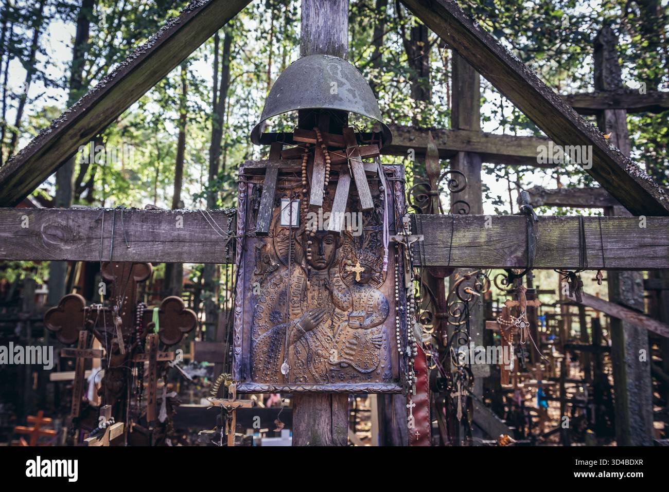 Cross with helmet on Holy Mount Grabarka, the most important location ...