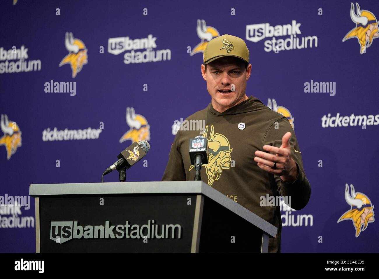 Minnesota Vikings head coach Kevin O'Connell talks to reporters after ...