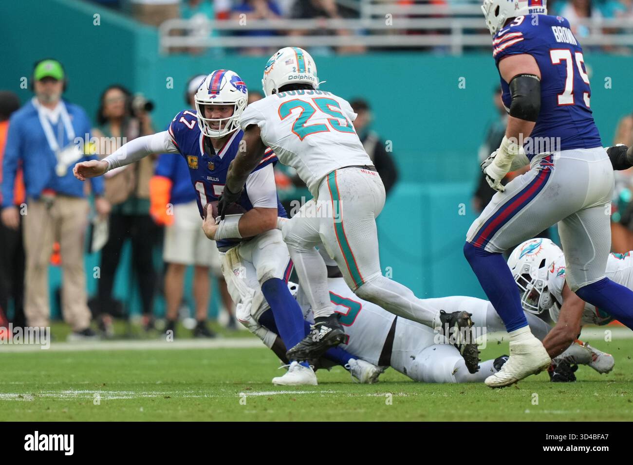 Buffalo Bills quarterback Josh Allen (17) gets sacked during an NFL ...