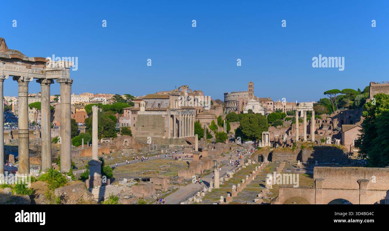 Panoramic view of the Roman Forum, Rome. Ancient ruins, towering ...