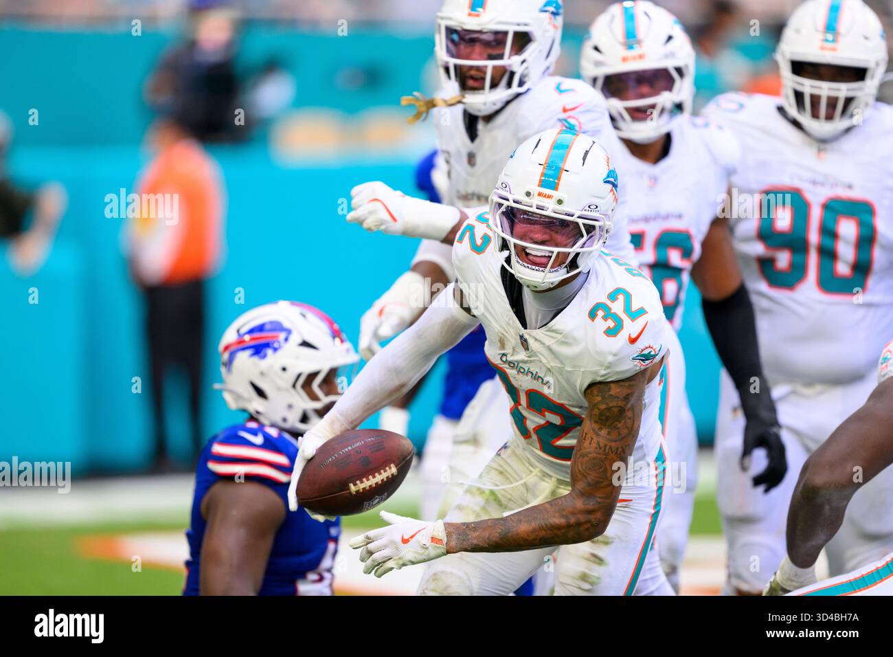 Miami Dolphins cornerback JuJu Brents (32) celebrates recovering a ...