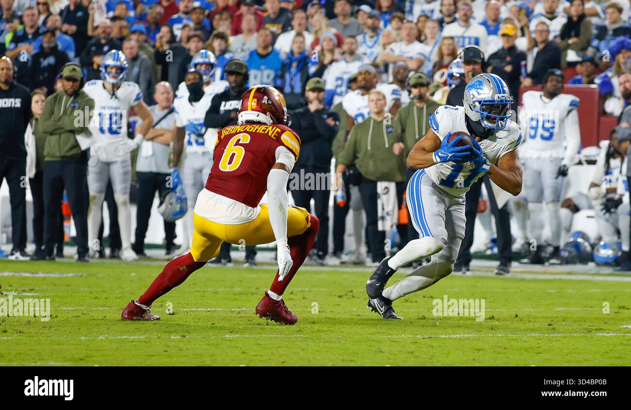 Landover, MD, USA. 9th Nov, 2025. Detroit Lions WR/PR #11 Kalif Raymond ...